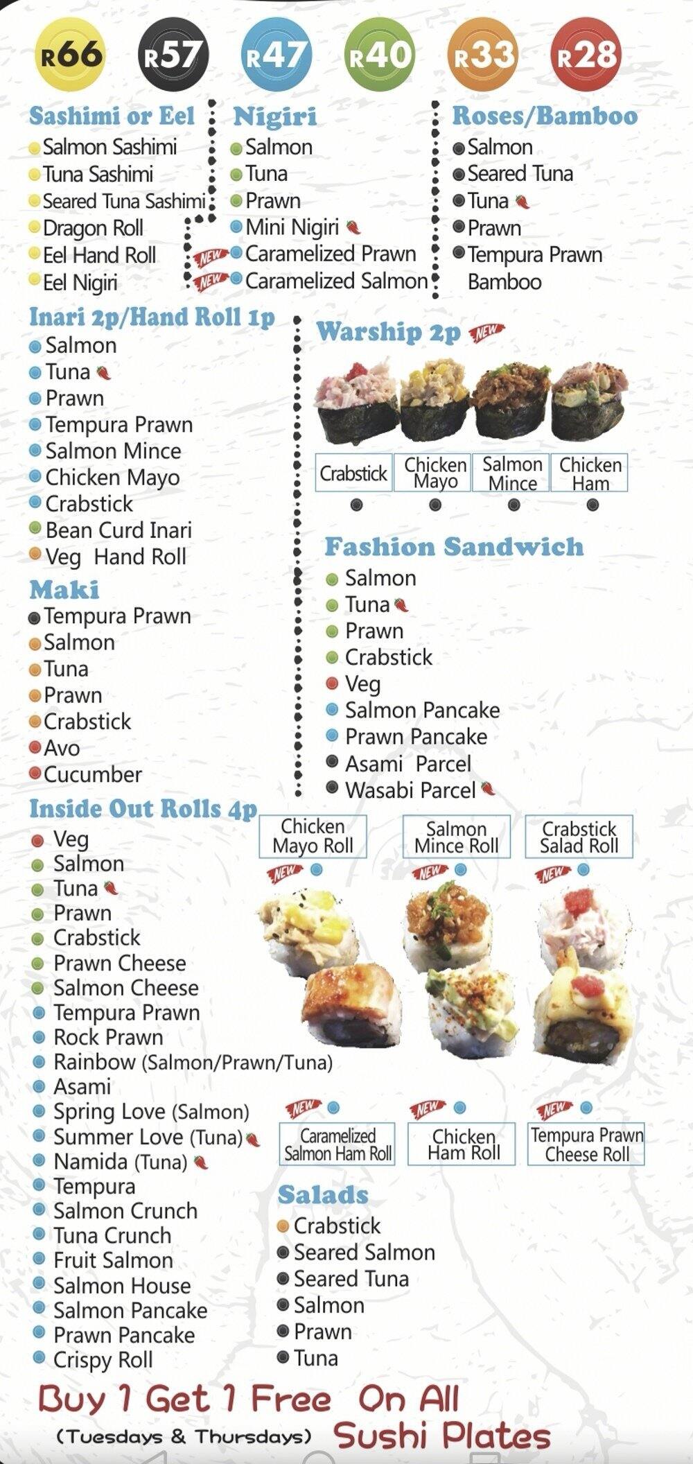 Menu at Asami's Asian Cuisine restaurant, Cape Town