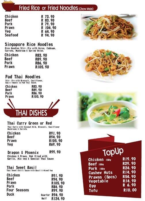 Menu at Asami's Asian Cuisine restaurant, Cape Town