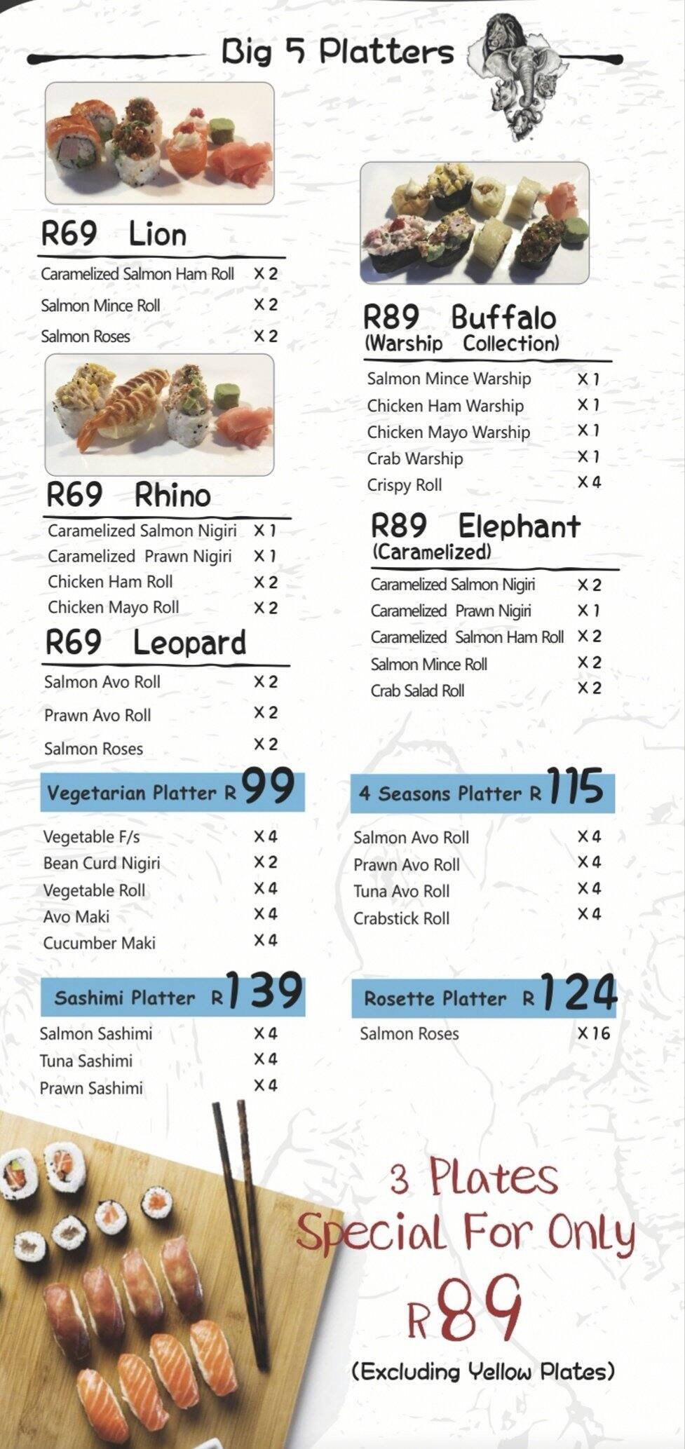 Menu at Asami's Asian Cuisine restaurant, Cape Town