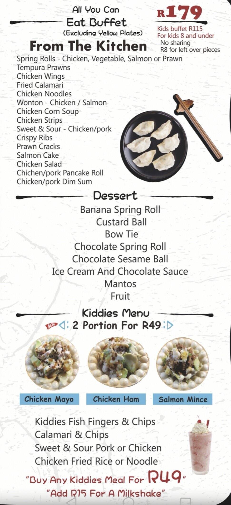 Menu at Asami's Asian Cuisine restaurant, Cape Town