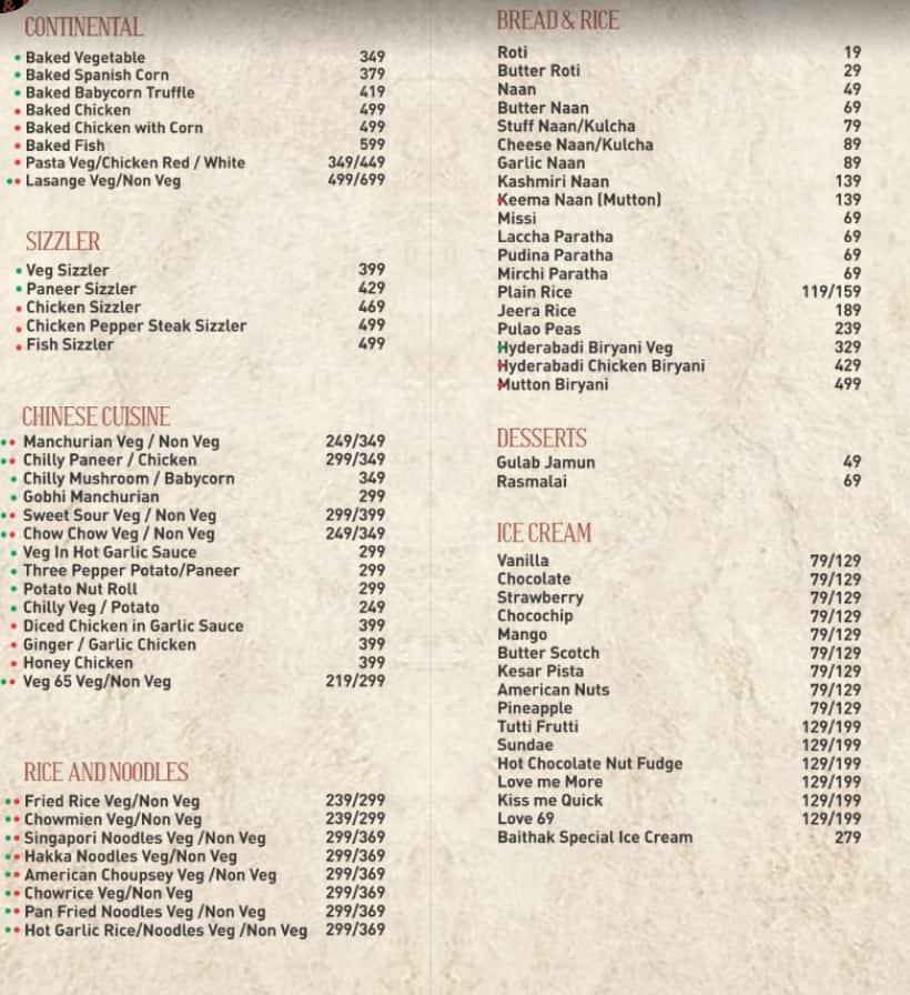 Menu of Baithak Restaurant And Banquet, Colonel Ganj, Kanpur