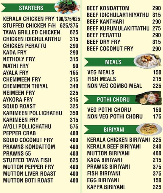 Menu of Travancore Restaurant, Padur, Chennai