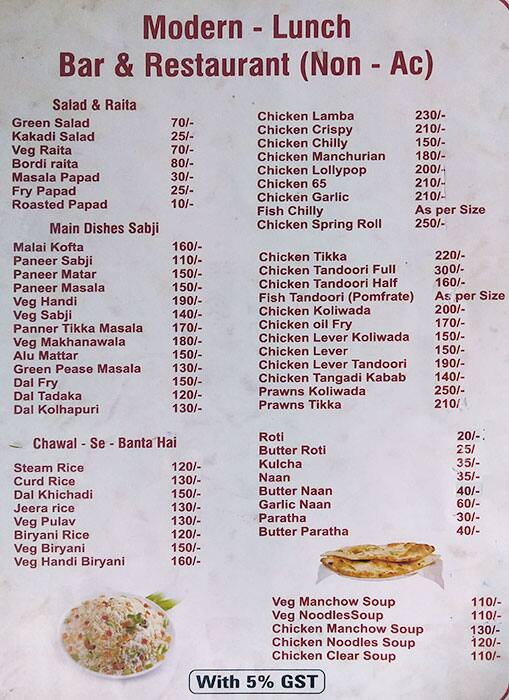 Menu of Modern Lunch Home, Khopat, Thane West, Thane