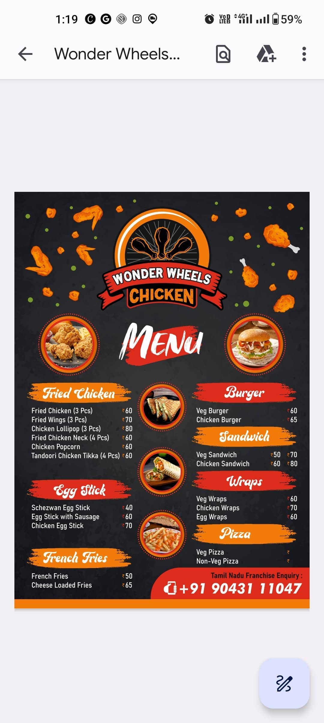 Menu of Wonder Wheels Chicken, Sriperumbudur Locality, Sriperumbudur