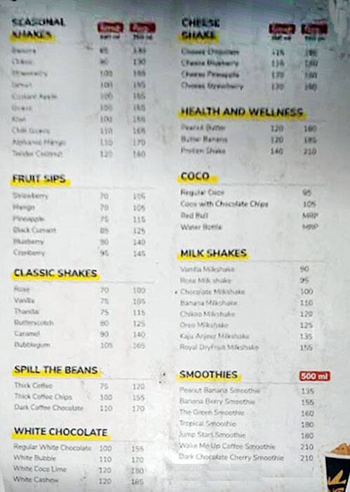 Menu of The Shake Maker, Sector 7, Gandhinagar