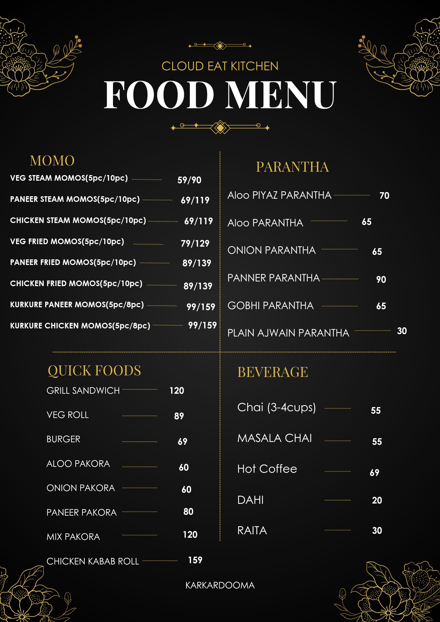Menu of Cloud Eat Kitchen, Karkardooma, New Delhi