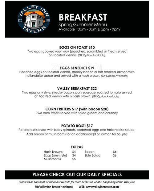 Menu at Valley Inn Tavern pub & bar, Christchurch