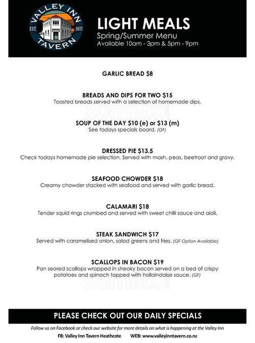 Menu at Valley Inn Tavern pub & bar, Christchurch