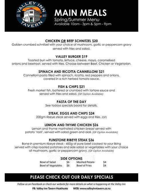 Menu at Valley Inn Tavern pub & bar, Christchurch