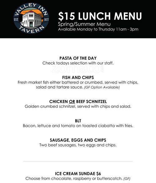 Menu at Valley Inn Tavern pub & bar, Christchurch