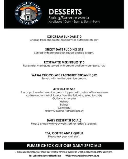 Menu at Valley Inn Tavern pub & bar, Christchurch