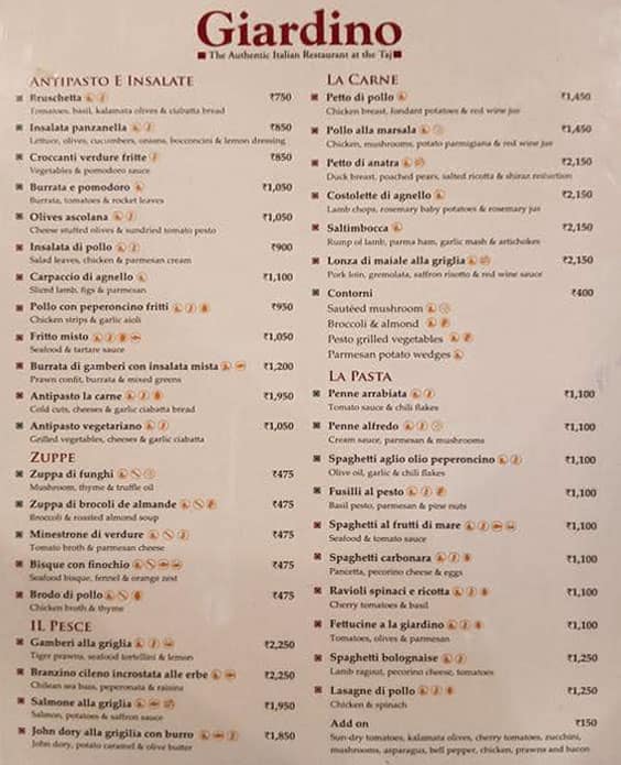 Menu of Giardino- Jai Mahal Palace, Civil Lines, Jaipur