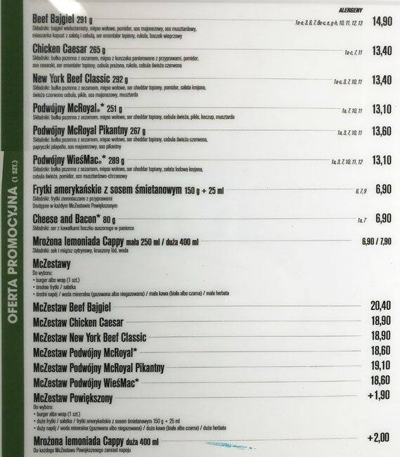 Menu at Restauracja McDonald's fast food, Warsaw, Złota 59
