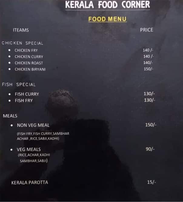 Menu at Kerala restaurant, Ahmedabad