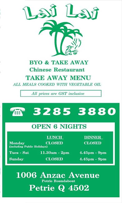 Menu at Lai Lai Chinese restaurant, Petrie