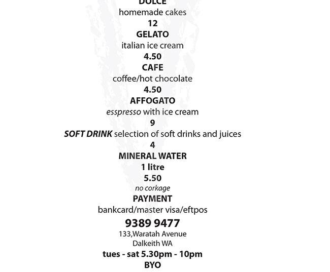 Menu at Valdarno restaurant, Dalkeith