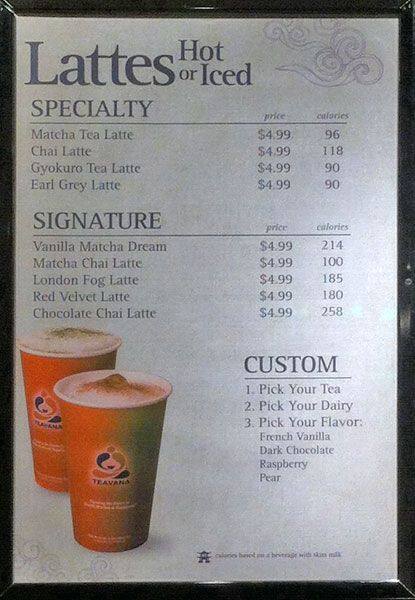 Menu at Teavana, West Vancouver, Park Royal Shopping Centre