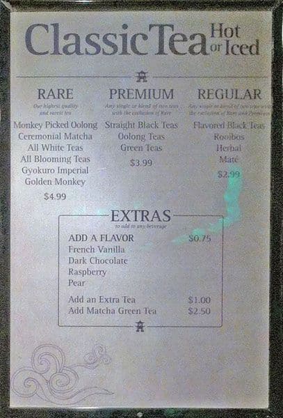 Menu at Teavana, West Vancouver, Park Royal Shopping Centre