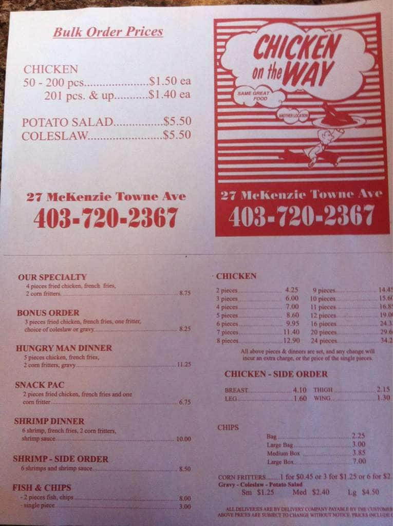 Chicken on the Way Menu, Menu for Chicken on the Way, McKenzie Towne ...