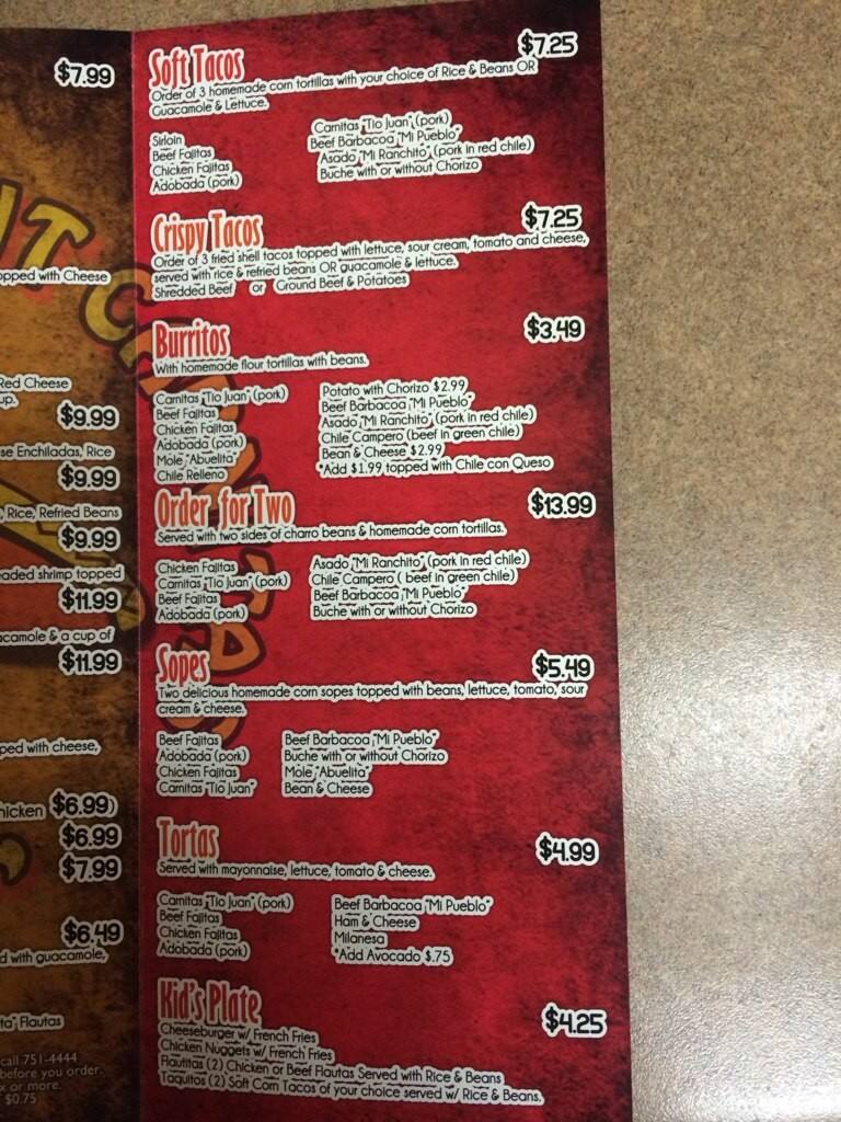 Menu at Carnitas Tio Juan restaurant, El Paso