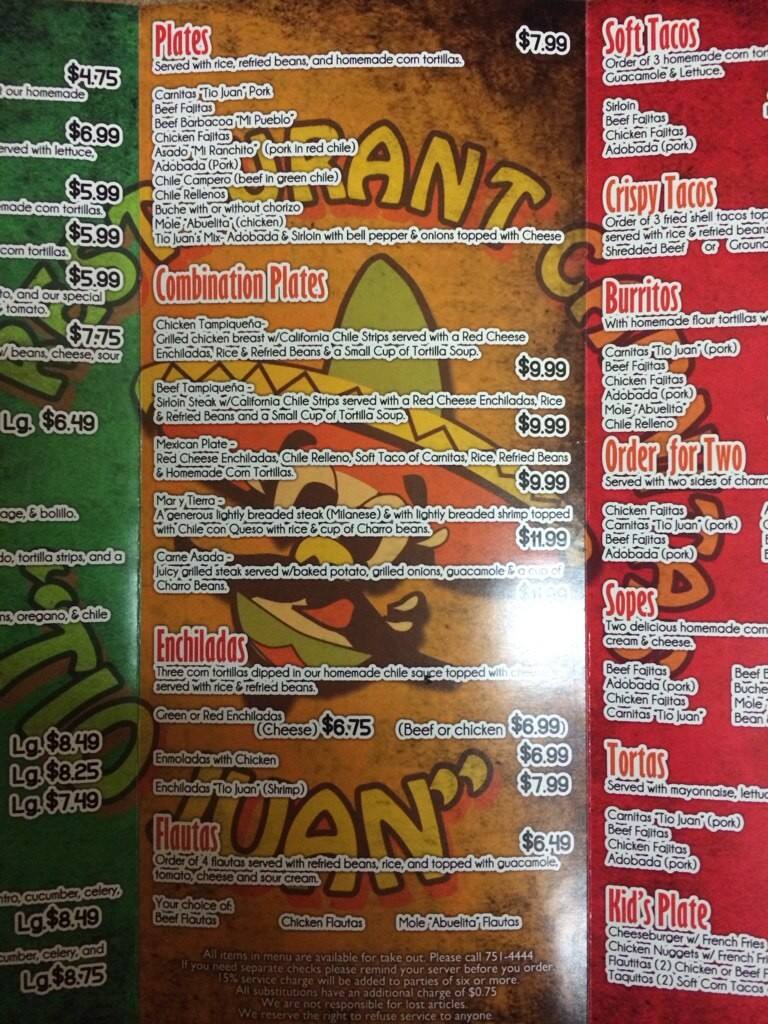 Menu at Carnitas Tio Juan restaurant, El Paso
