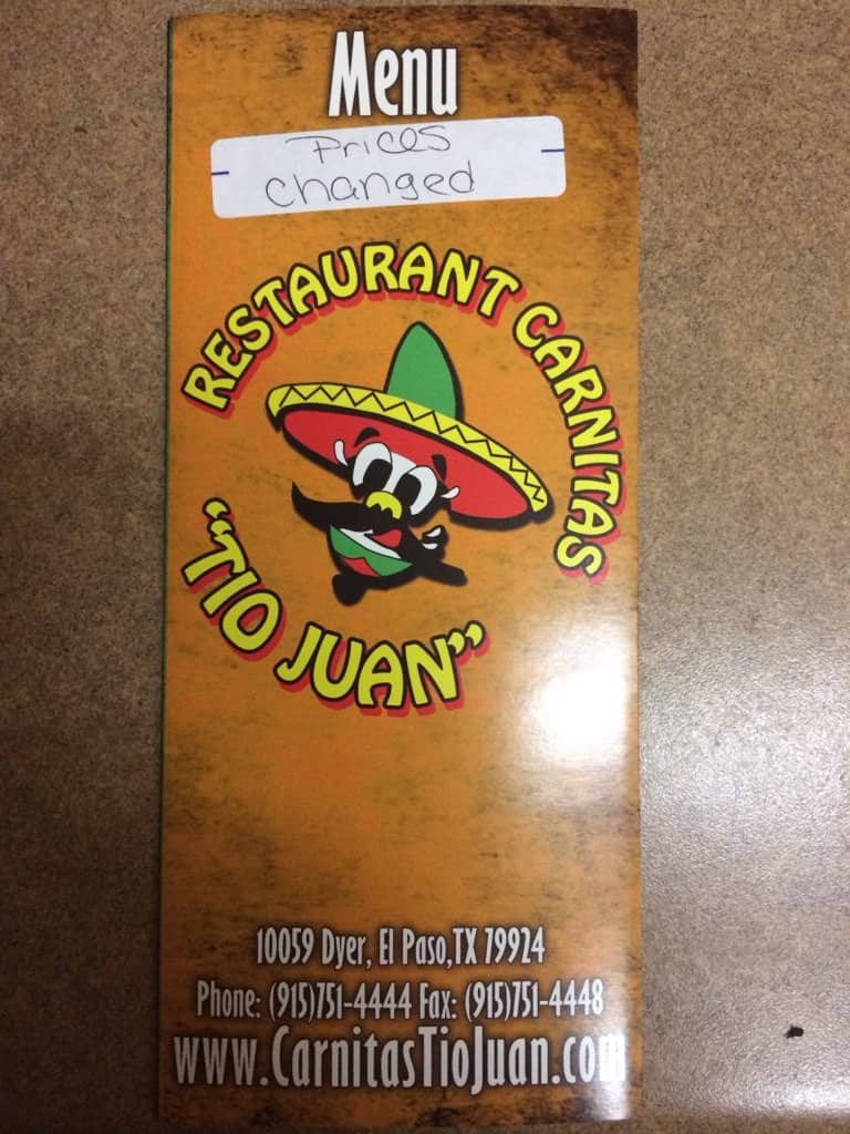 Menu at Carnitas Tio Juan restaurant, El Paso