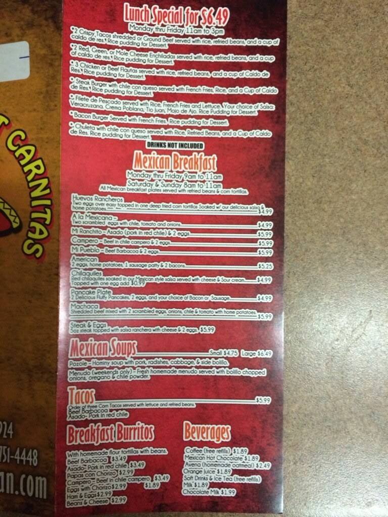 Menu at Carnitas Tio Juan restaurant, El Paso