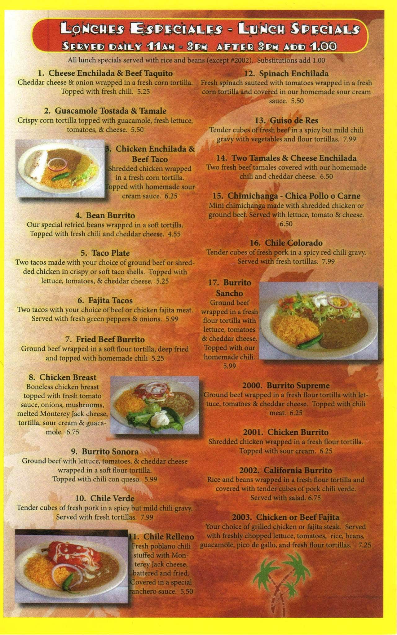 Menu at Las Palmas restaurant, Tontitown, E Henri De Tonti Blvd