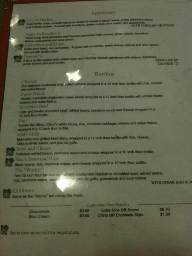 Menu at Chico's Tacos restaurant, Kennewick