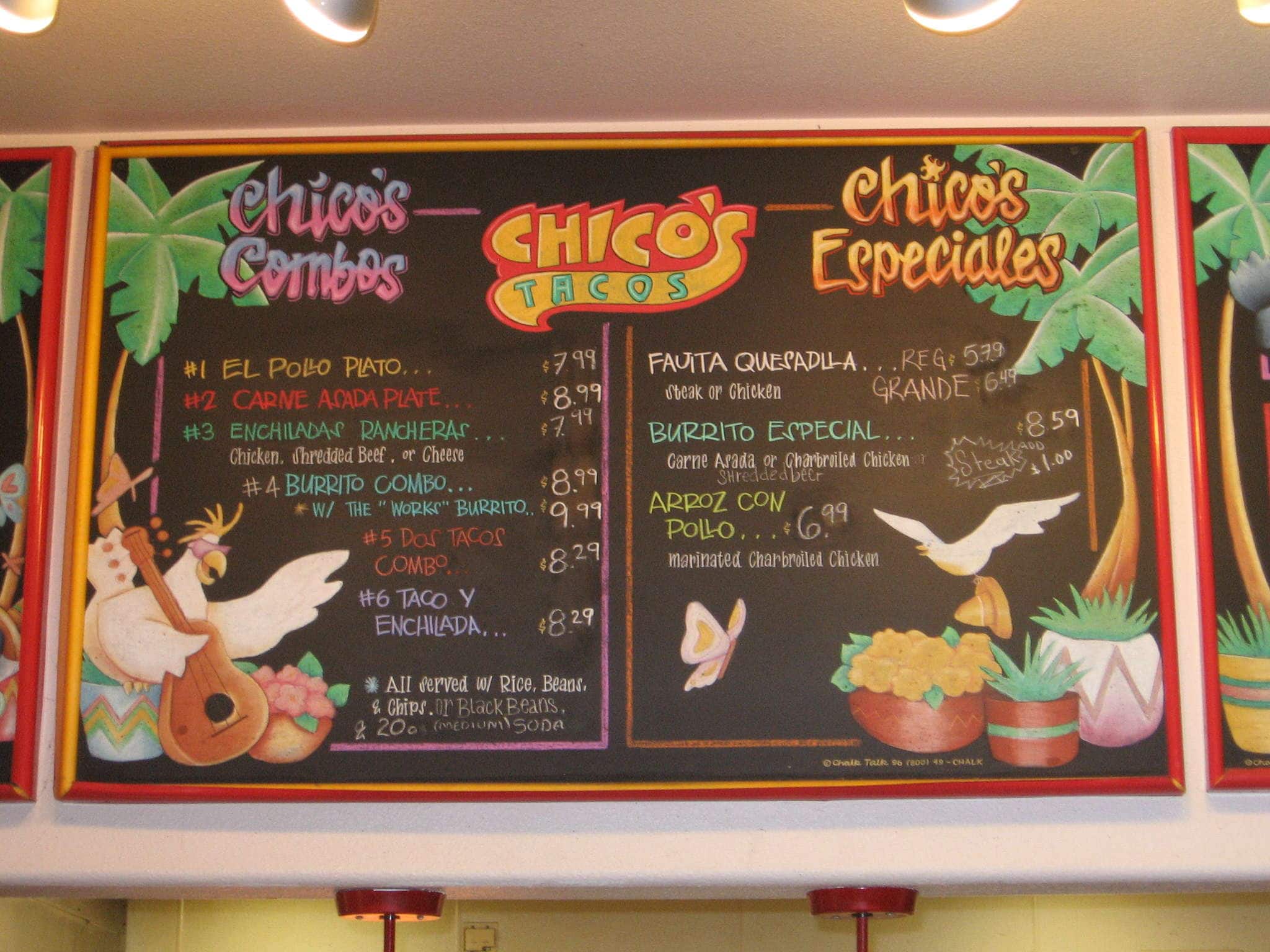 Menu at Chico's Tacos restaurant, Kennewick