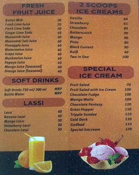 Menu at Amrutha Paradise, Hyderabad, MIG-71