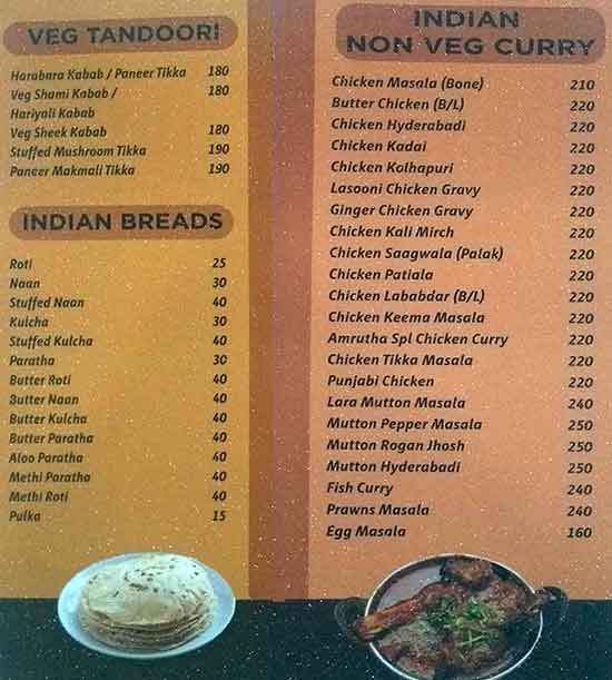 Menu at Amrutha Paradise, Hyderabad, MIG-71