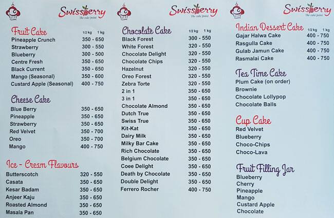 Menu of Swissberry The Cake Point, Malad West, Mumbai