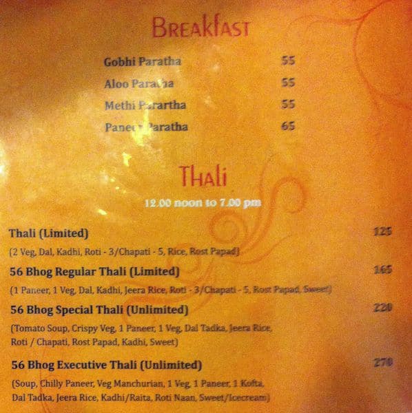 Menu at 56 Bhog, Nagpur