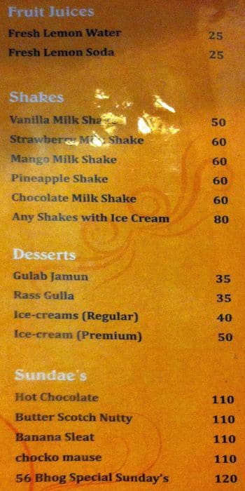 Menu at 56 Bhog, Nagpur