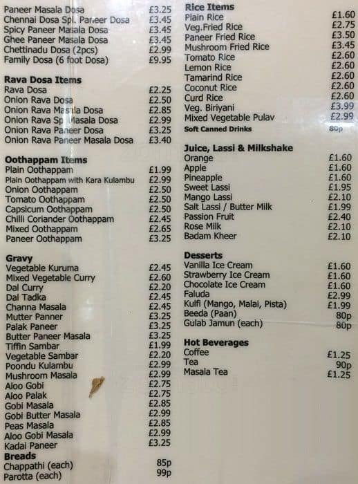 Menu at Chennai Dosa restaurant, London, 3 Ealing Road