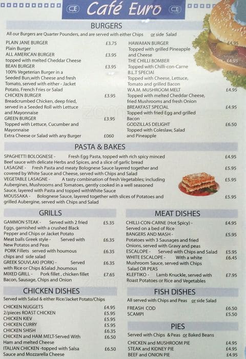 Menu at Cafe Euro, London