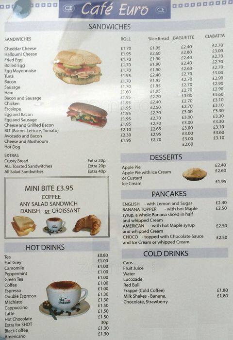Menu at Cafe Euro, London