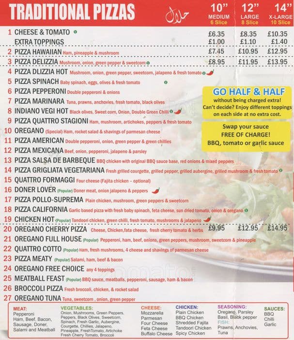 Menu at Oregano pizzeria, Thornton Heath, 13 Thornton Rd