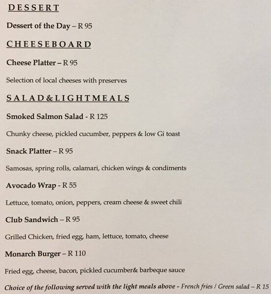 Menu at The Monarch Hotel, Johannesburg