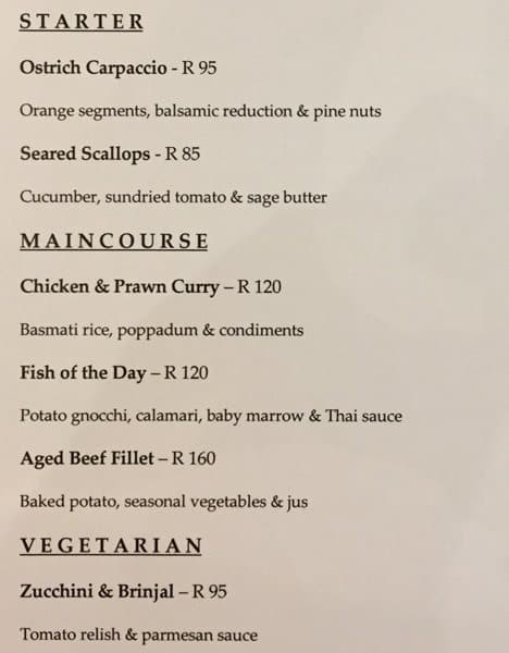 Menu at The Monarch Hotel, Johannesburg