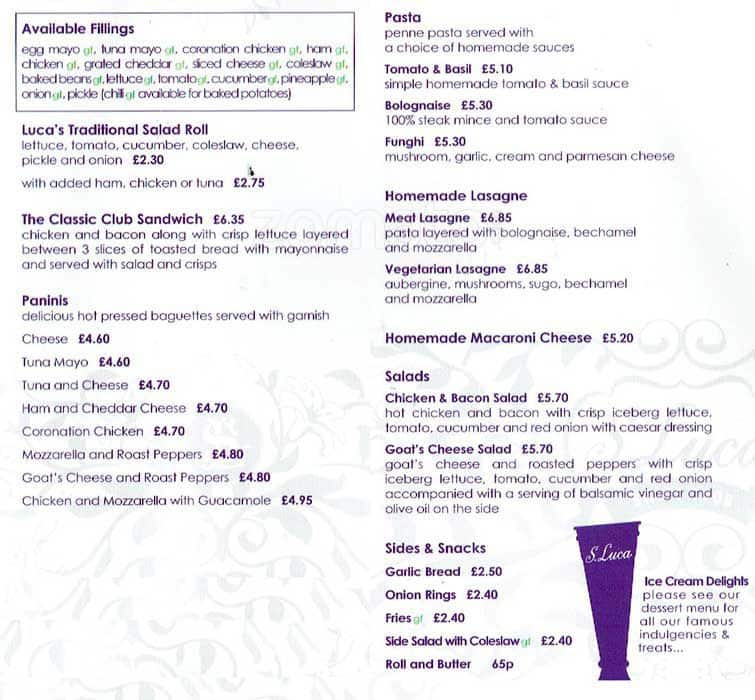 Menu at Cafe Luca, Edinburgh