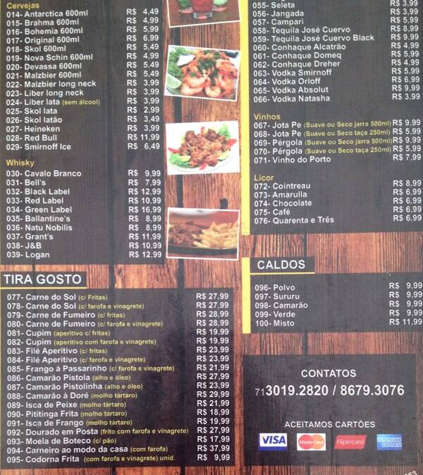 Menu at Bahia Grill restaurant, Salvador