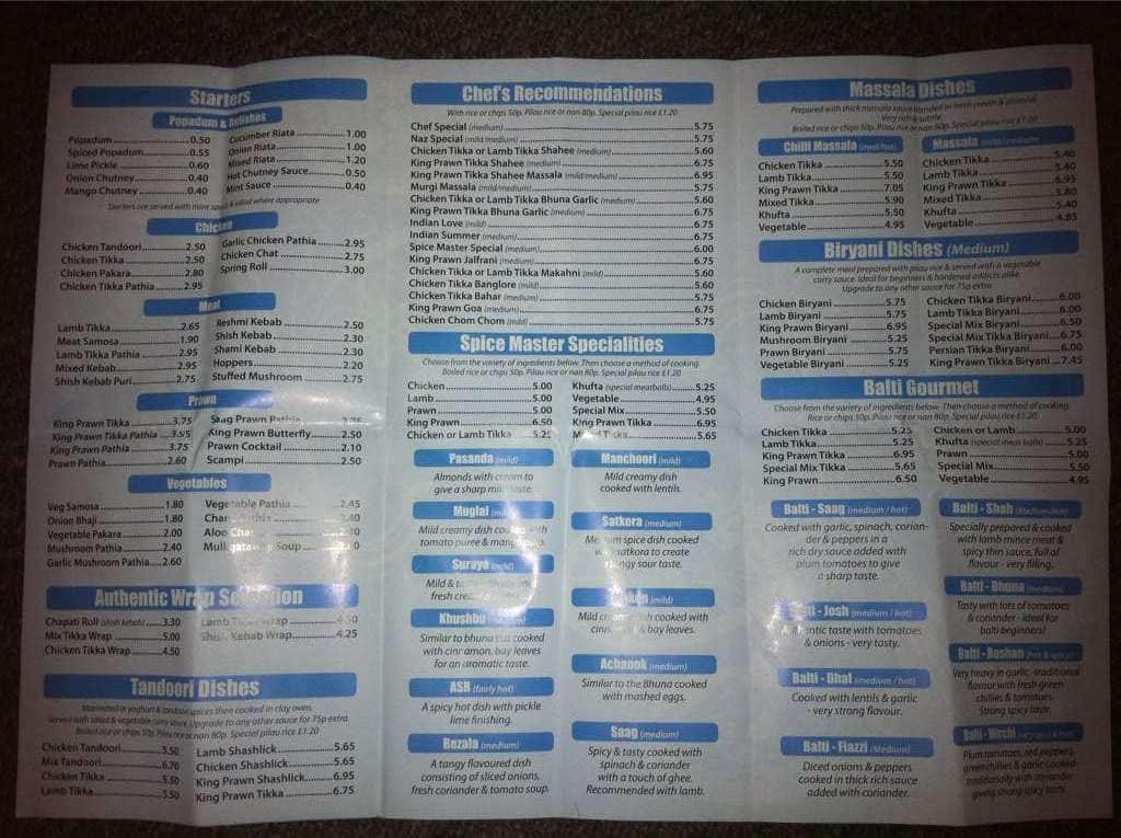 Menu at Spice Master fast food, Rawtenstall
