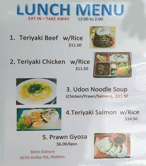 Menu at Shiro Sakura Sushi restaurant, Niddrie