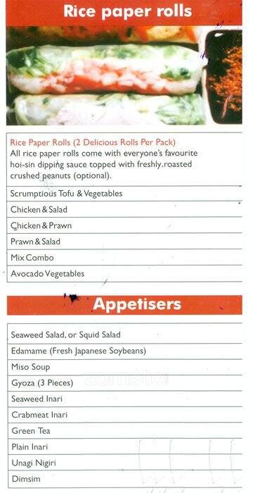 Menu at Shiro Sakura Sushi restaurant, Niddrie