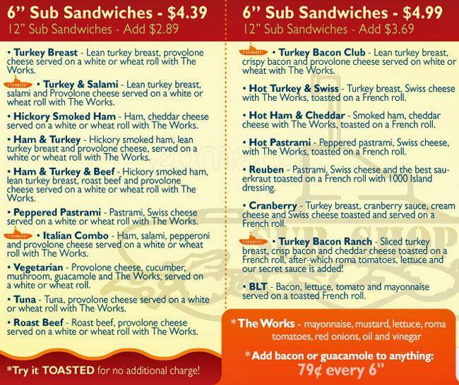Menu at Sub Shop restaurant, Burien, 15710 1st Ave S
