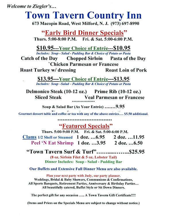 Menu at Town Tavern Country Inn restaurant, West Milford