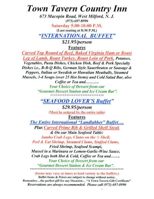 Menu at Town Tavern Country Inn restaurant, West Milford