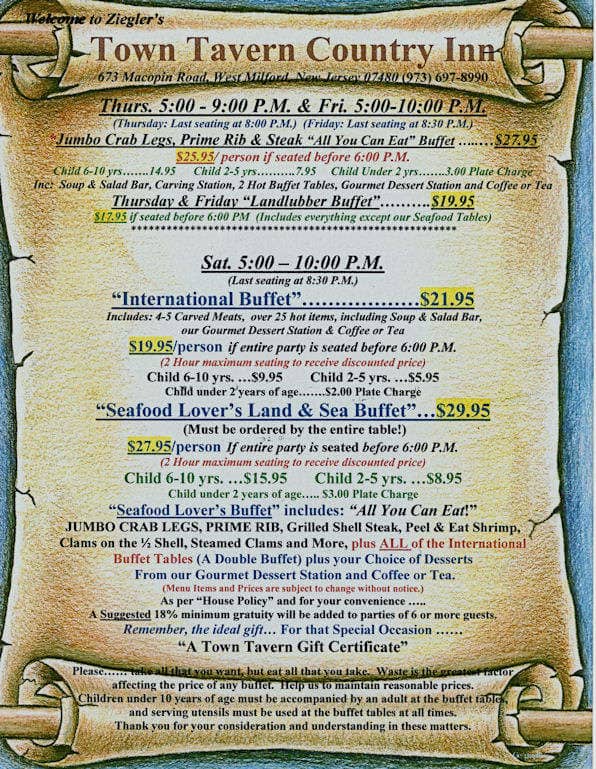 Menu at Town Tavern Country Inn restaurant, West Milford